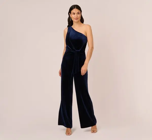 Adrianna Papell One Shoulder Velvet Jumpsuit With Draped Accent - Midnight