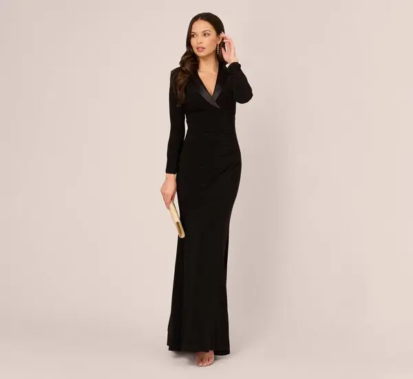 Adrianna Papell Tuxedo Mermaid Gown With Long Sleeves - Black