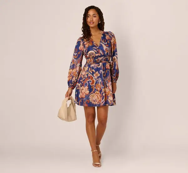 Adrianna Papell Paisley Stripe Short Dress - Blue Multi