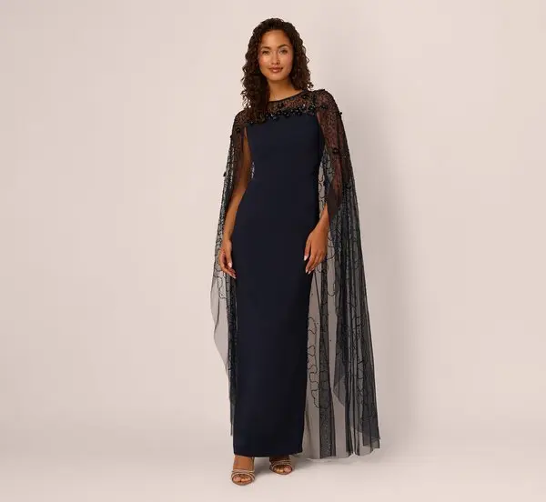 Adrianna Papell Floral Beaded Cape Gown