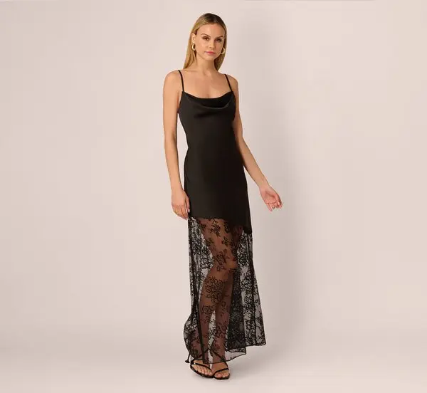 Adrianna Papell Sleeveless Satin Lace Maxi Gown - Black