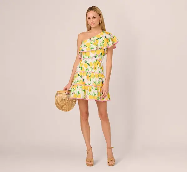 Adrianna Papell One Shoulder Ruffle Lemon Print Mini Dress - White Multi