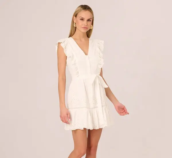 Adrianna Papell Sleeveless Ruffle Eyelet Mini Dress - Ivory
