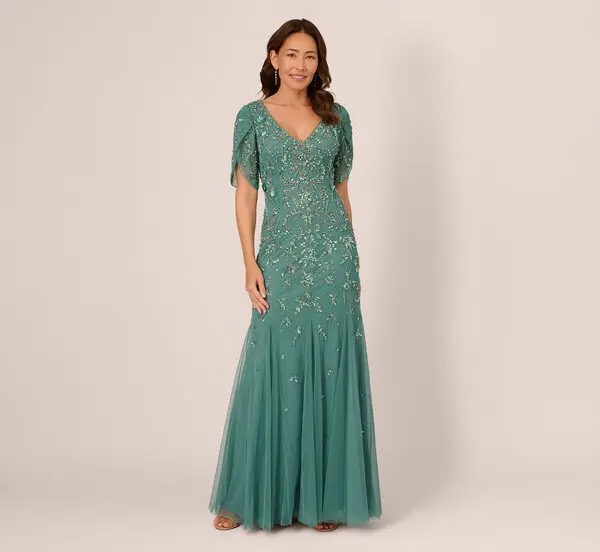 Adrianna Papell Beaded Mermaid Gown With Sheer Petal Sleeves - Green Slate
