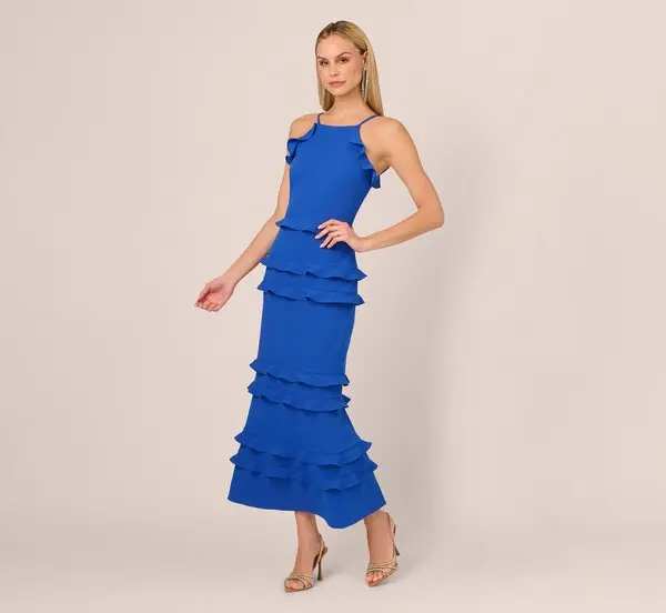 Adrianna Papell Sleeveless Crepe Flounce Midi Dress - True Blue