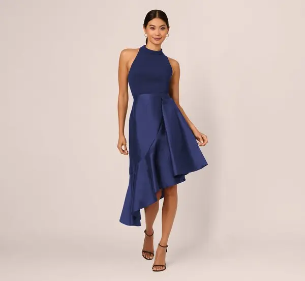 Adrianna Papell Crepe Combo Taffeta Dress - Light Navy