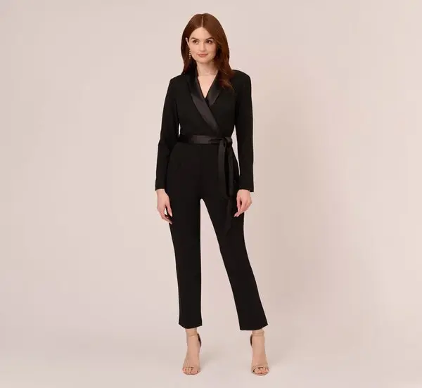 Adrianna Papell Long Sleeve Crepe Jumpsuit With Tuxedo Collar - Black