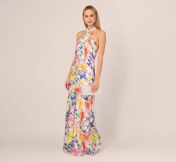 Adrianna Papell Bias Cut Floral Satin Halter Gown - Ivory Multi