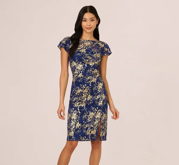 Adrianna Papell Cap Sleeve Foil Lace Sheath Dress In Navy Gold - Navy/gold