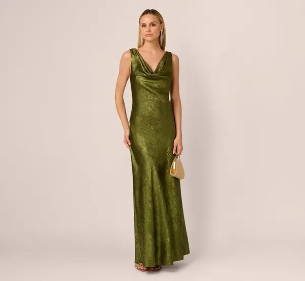 Adrianna Papell Sleeveless Bias Cut Foil Cowl Gown - Dark Olive