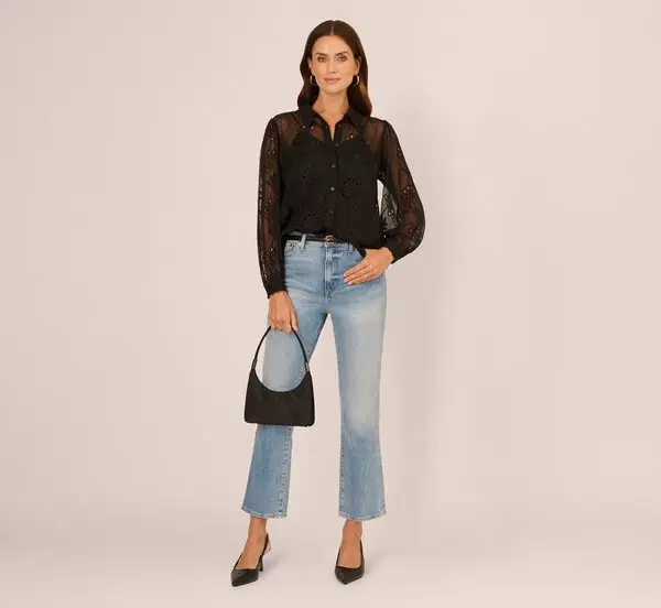 Adrianna Papell Floral Eyelet Lace Blouse - Black