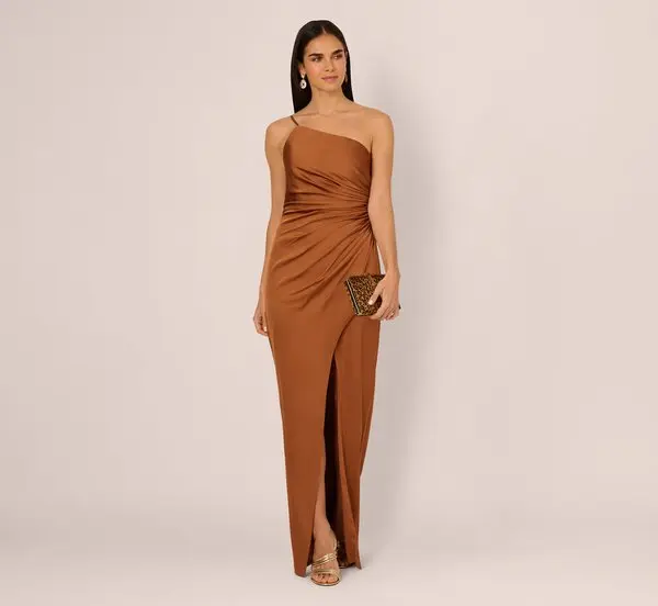 Adrianna Papell One Shoulder Ruched Satin Gown - Cinnamon