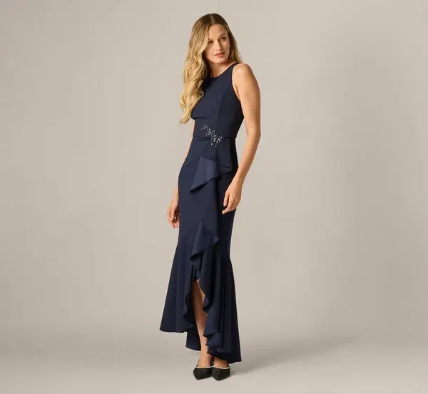 Adrianna Papell Bead Accent Crepe Halter Gown - Midnight