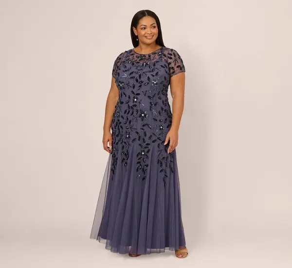 Adrianna Papell Hand Beaded Short Sleeve Floral Godet Gown - Smoky Peri
