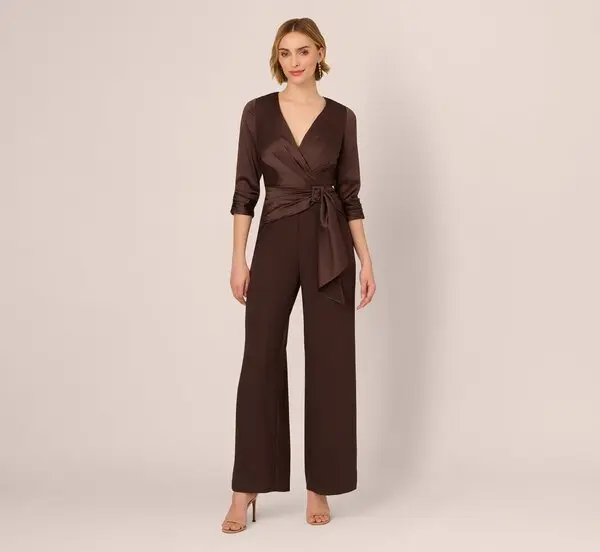 Adrianna Papell Satin Crepe Three-quarter Sleeve Jumpsuit With Buckle Waist - Dark Brown
