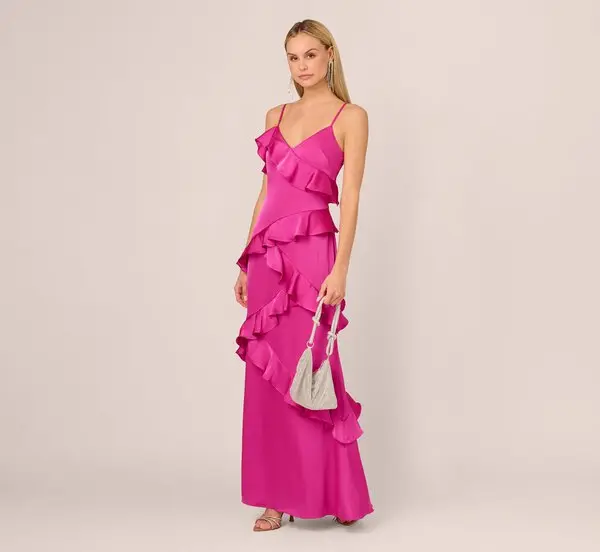 Adrianna Papell Satin Cascade Ruffle Slip Gown - Electric Passion