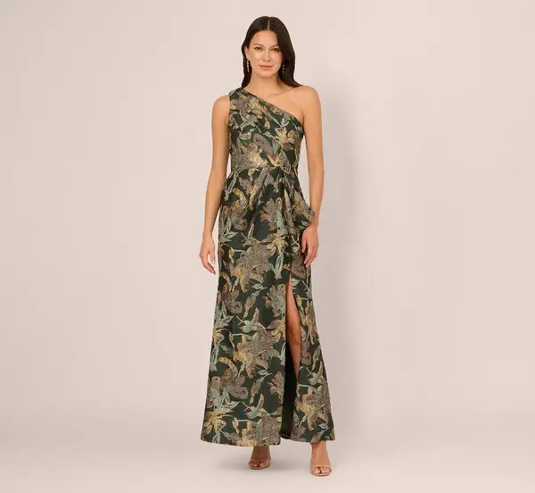 Adrianna Papell One Shoulder Jacquard Dress In Green Gold - Green/gold