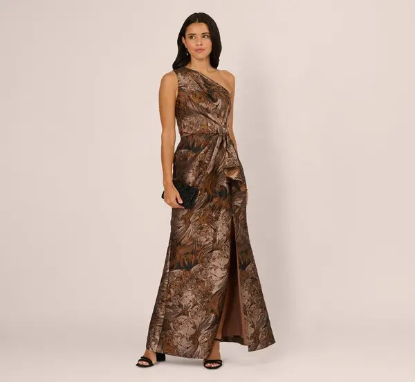 Adrianna Papell One Shoulder Jacquard Mermaid Gown With Drape Detail In Copper Chocolate - Copper/chocolate