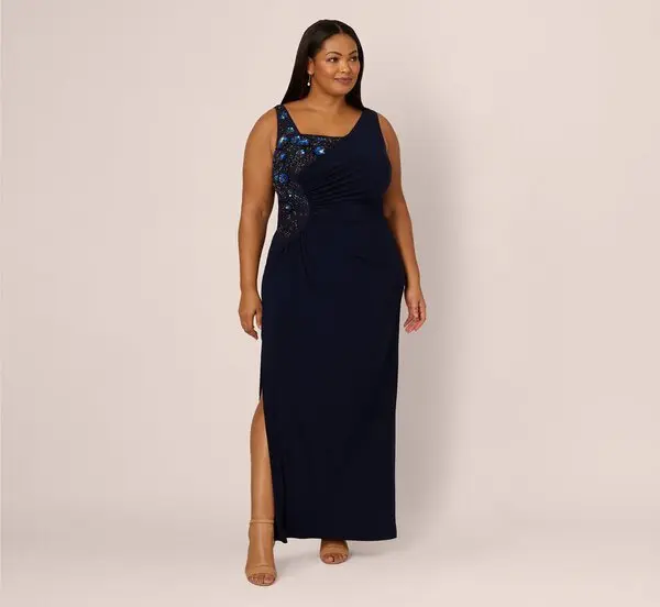 Adrianna Papell Sleeveless Asymmetrical Floral Beaded Jersey Gown - Midnight Multi