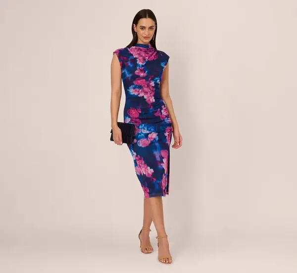 Adrianna Papell Sleeveless Floral Mesh Draped Midi Dress In Navy Pink Multi - Navy/pink Multi
