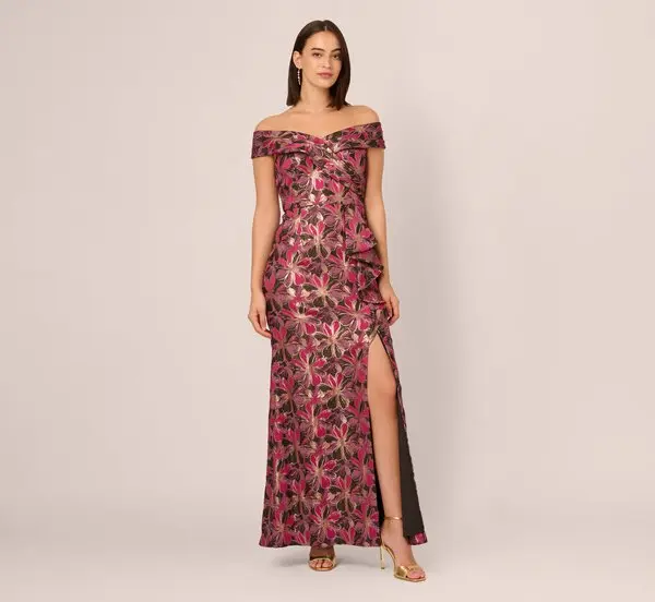 Adrianna Papell Off-the-shoulder Jacquard Gown With Ruffled Slit - Fuchsia Multi