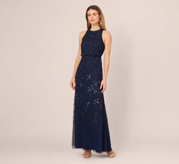Adrianna Papell Sleeveless Blouson Mermaid Gown With Jasmine Beading - Light Navy