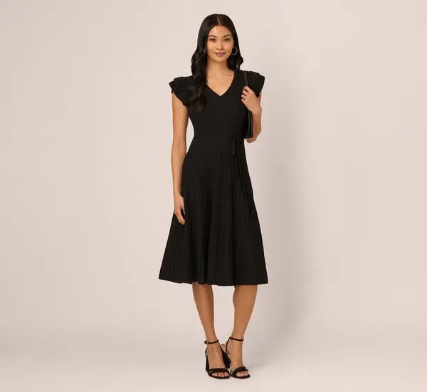 Adrianna Papell Flutter Sleeve Ribbed Cable Midi Dress