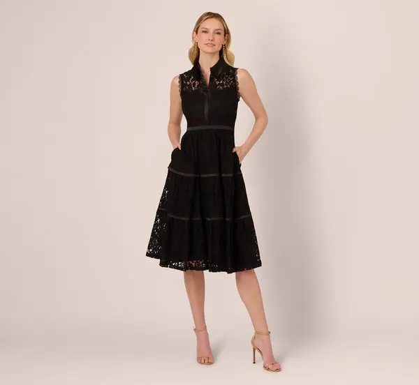 Adrianna Papell Sleeveless Lace Fit & Flare Dress With Collar - Black