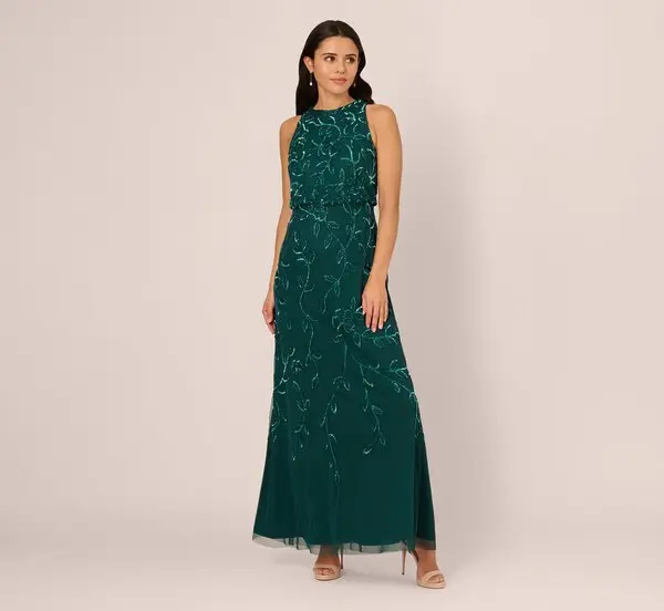 Adrianna Papell Sleeveless Blouson Mermaid Gown With Jasmine Beading - Gem Green