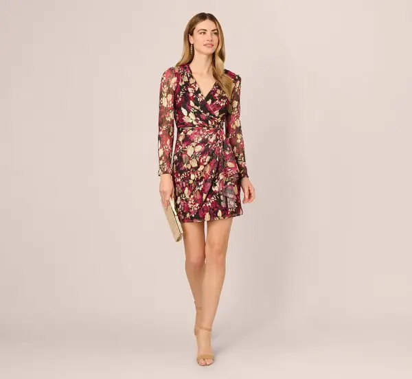 Adrianna Papell Crinkle Foil Wrap Dress In Fuchsia Gold - Fuchsia/gold