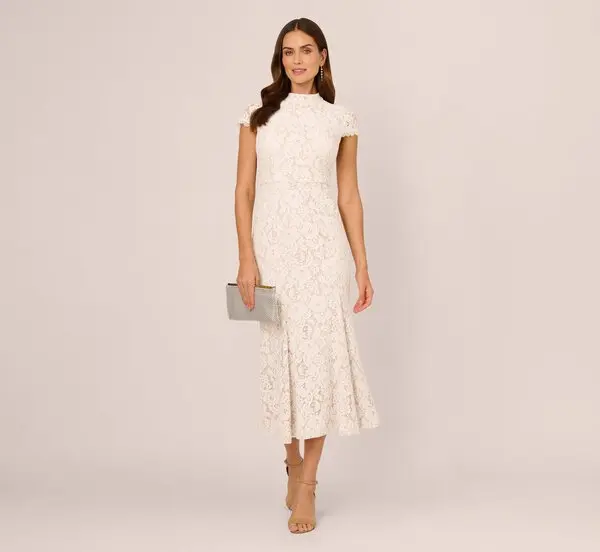 Adrianna Papell Cap Sleeve Lace Midi Dress In Ivory Nude - Ivory/nude