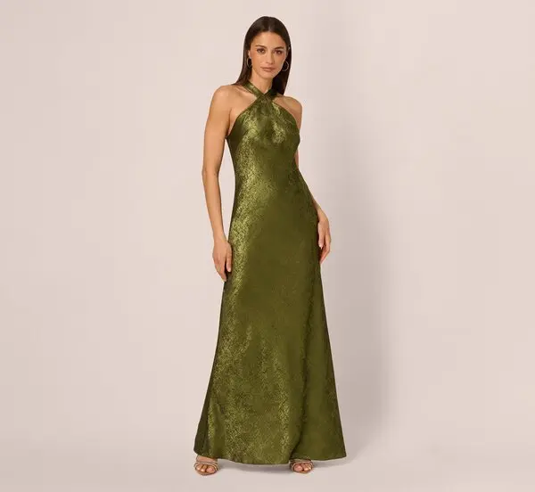 Adrianna Papell Foiled Mermaid Gown With Halter Neckline - Dark Olive