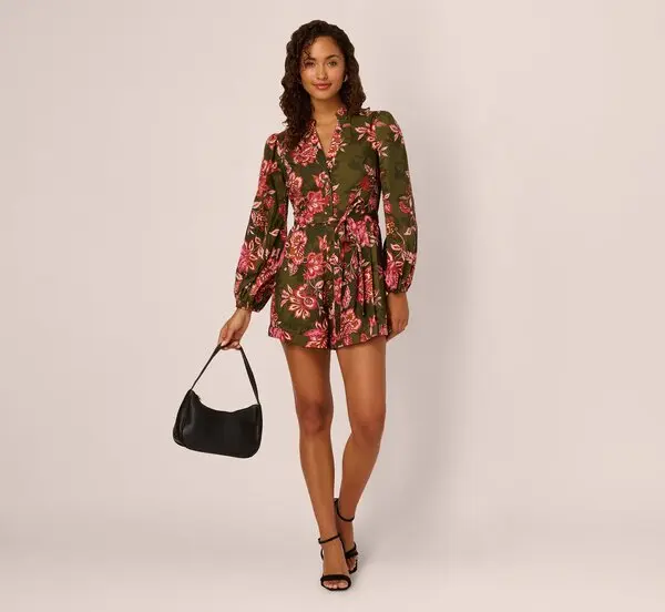 Adrianna Papell Floral Romper With Bishop Sleeves - Olive Multi