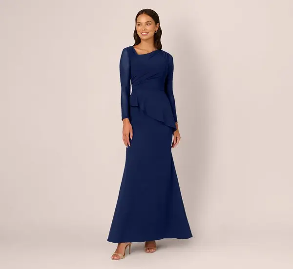 Adrianna Papell Knit Crepe Combo Mesh Gown - Navy Sateen