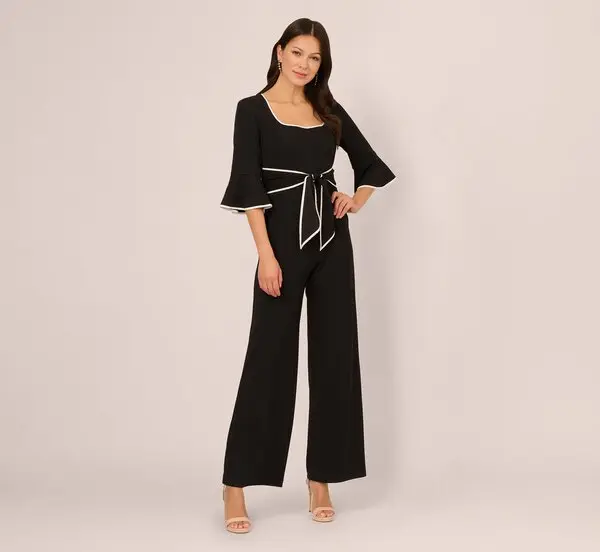 Adrianna Papell Bell Sleeve Tie Front Jumpsuit - Black/ivory