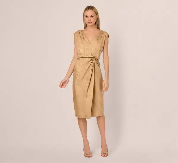 Adrianna Papell Foil Blouson Midi Dress With Faux Wrap Skirt - Light Gold