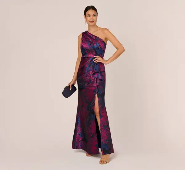 Adrianna Papell One Shoulder Jacquard Mermaid Gown With Drape Detail In Navy Orchid - Navy/orchid