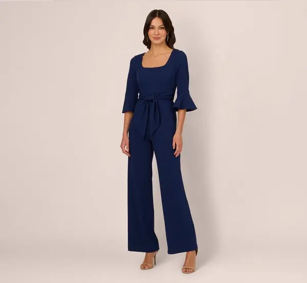 Adrianna Papell Knit Crepe Wide Leg Jumpsuit With Bell Sleeves - Navy Sateen