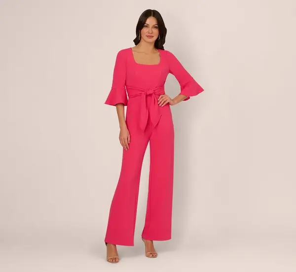 Adrianna Papell Knit Crepe Wide Leg Jumpsuit With Bell Sleeves - Camellia