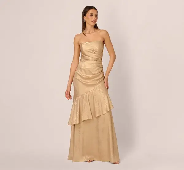 Adrianna Papell Strapless Foil Flounce Gown - Light Gold