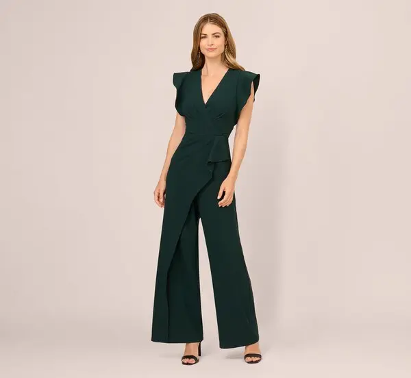 Adrianna Papell Flutter Sleeve Faux Wrap Jumpsuit - Dark Green
