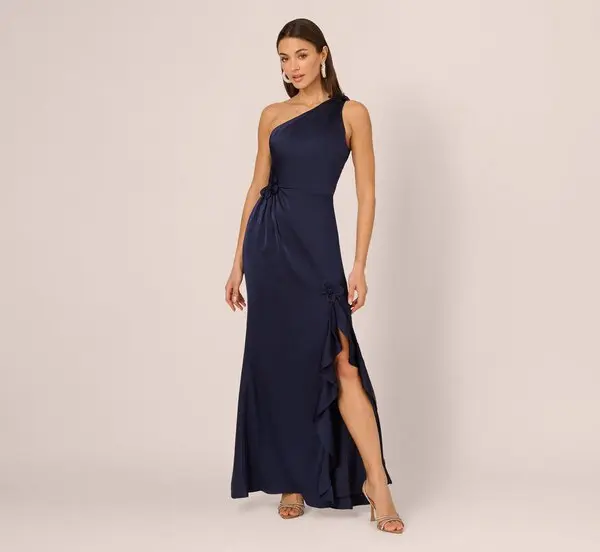Adrianna Papell One Shoulder Satin Floral Applique Gown - Dark Navy