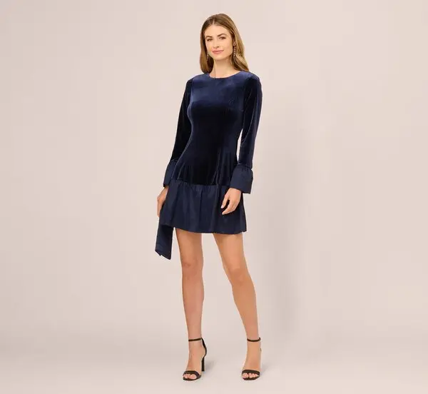 Adrianna Papell Long Sleeve Drop Waist Velvet Taffeta Mini Dress