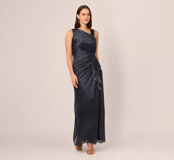 Adrianna Papell Draped Metallic Foil Long Dress - Navy