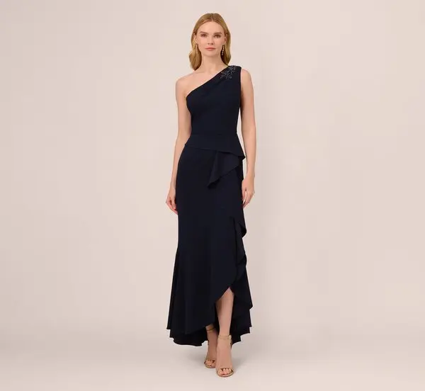 Adrianna Papell One Shoulder Ruffled Crepe Gown With Beaded Accent - Midnight