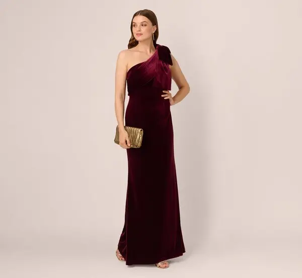 Adrianna Papell One-shoulder Velvet Bow Gown