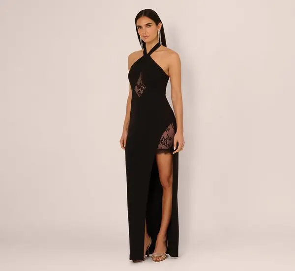 Adrianna Papell Lace Panel Cutout Halter Gown