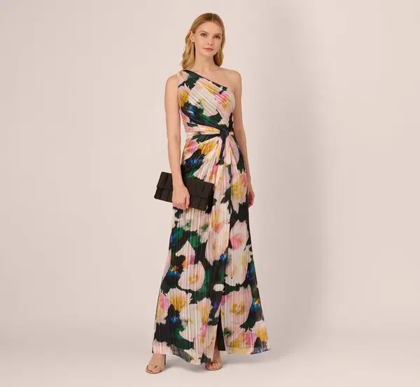 Adrianna Papell Floral Print Chiffon Gown With One Shoulder Neckline In Black Blush Multi - Black/blush Multi