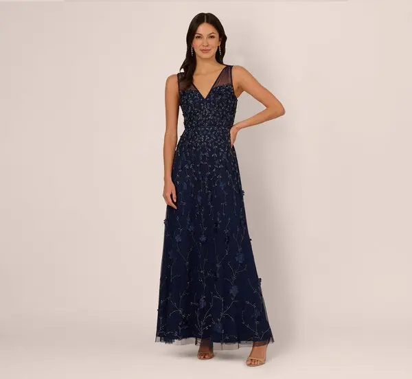 Adrianna Papell Sleeveless Illusion 3d Petal Beaded Gown - Light Navy