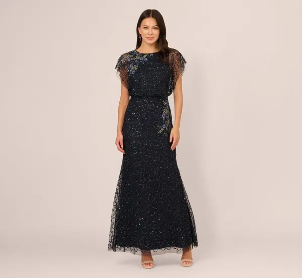 Adrianna Papell Short Sleeve Beaded Floral Embroidery Gown - Midnight Multi